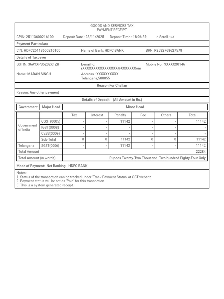 GST Payment Receipt for Madan Singh | PDF