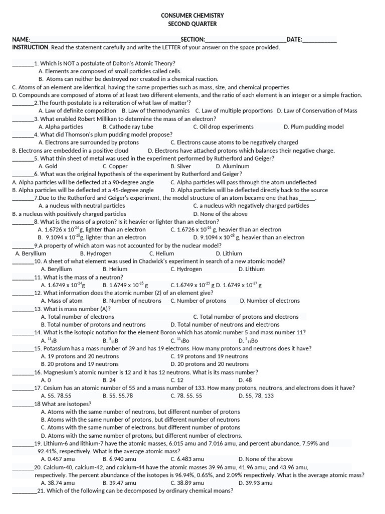 Consumer Chemistry Quiz: Atomic Theory and Matter | PDF | Neutron | Atoms