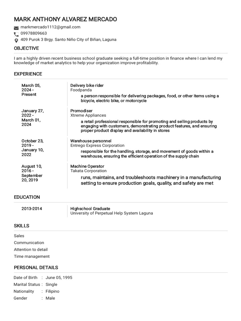 Mark Anthony Alvarez Mercado Resume | PDF
