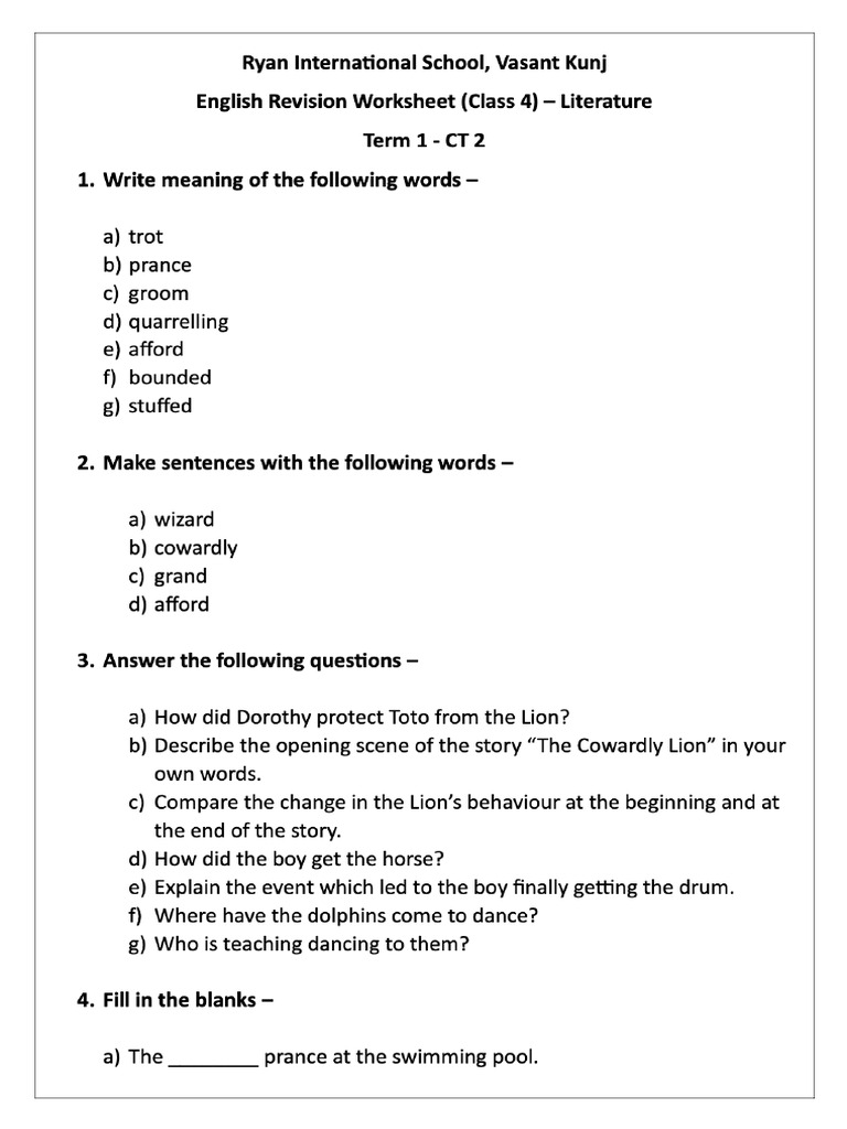 English Revision Worksheet | PDF