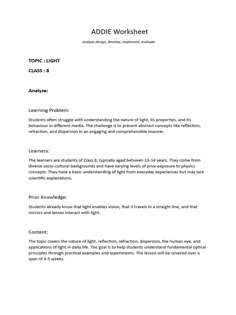 ADDIE Worksheet | PDF | Educational Assessment | Learning