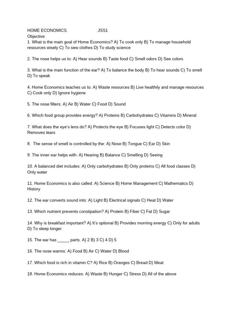Home Economics Jss1 Exam | PDF | Ear | Foods