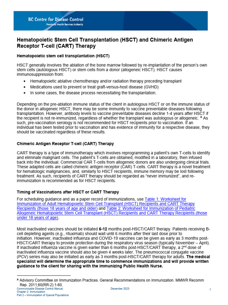 BCCDC Post CAR T Immunization Guidelines | PDF | Hematopoietic Stem ...