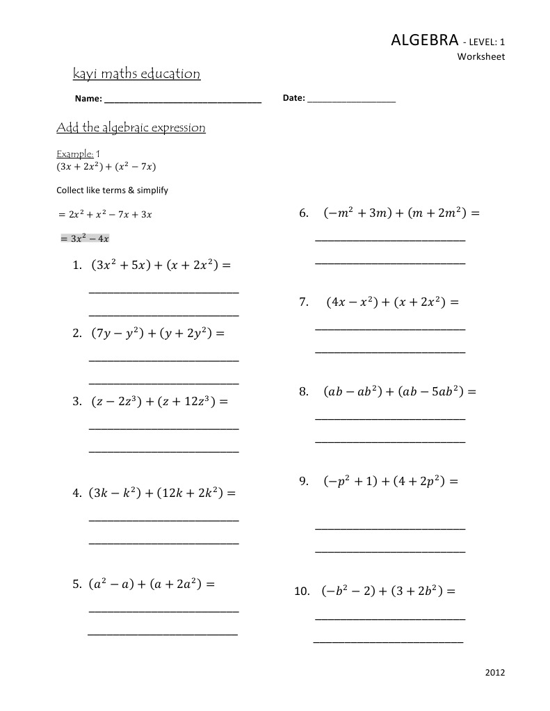 Algebra Level 1 Worksheet 2012 | PDF