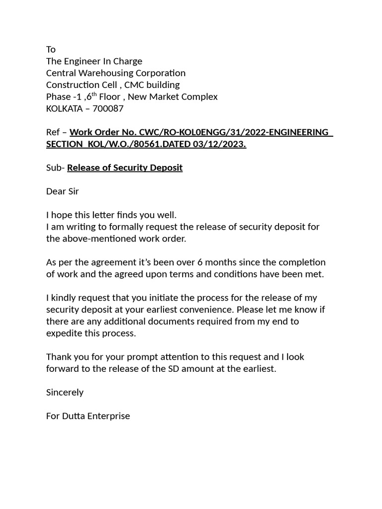 Work Order No. CWC/RO-KOL0ENGG/31/2022-ENGINEERING SECTION - KOL/W.O ...