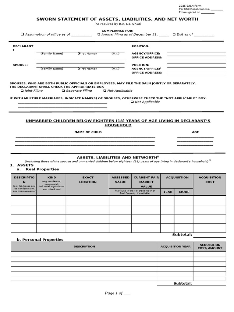 2025 SALN Form for Public Officials | PDF