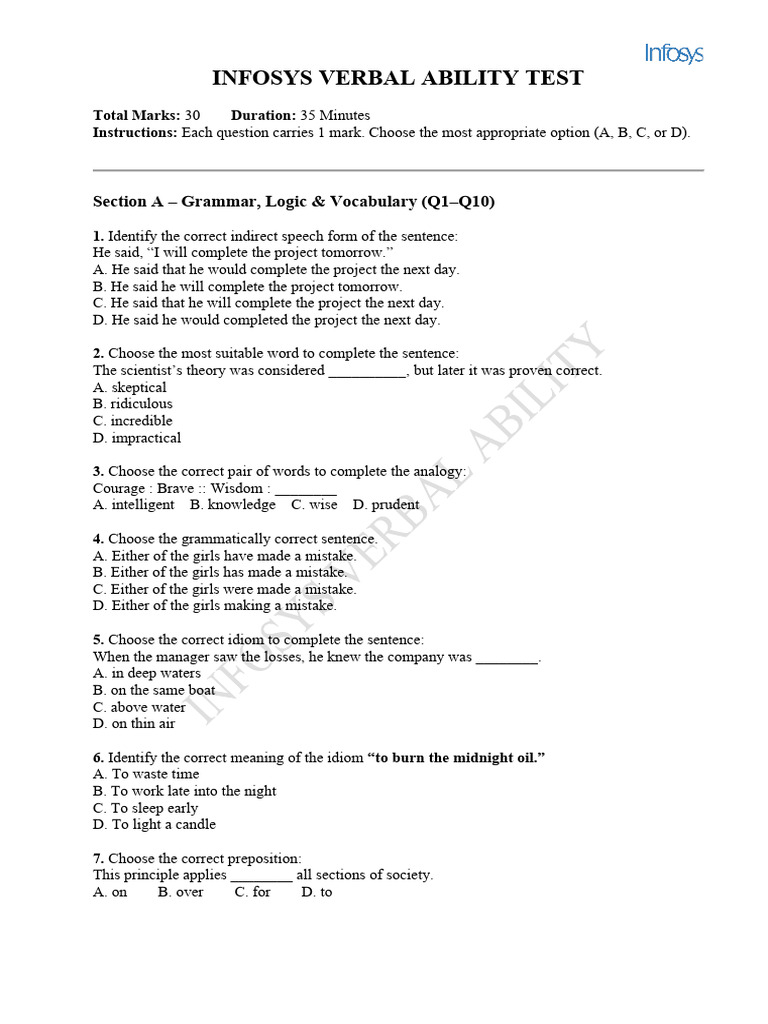 Infosys English Proficiency Test - 4 | PDF | Intelligence | Automation