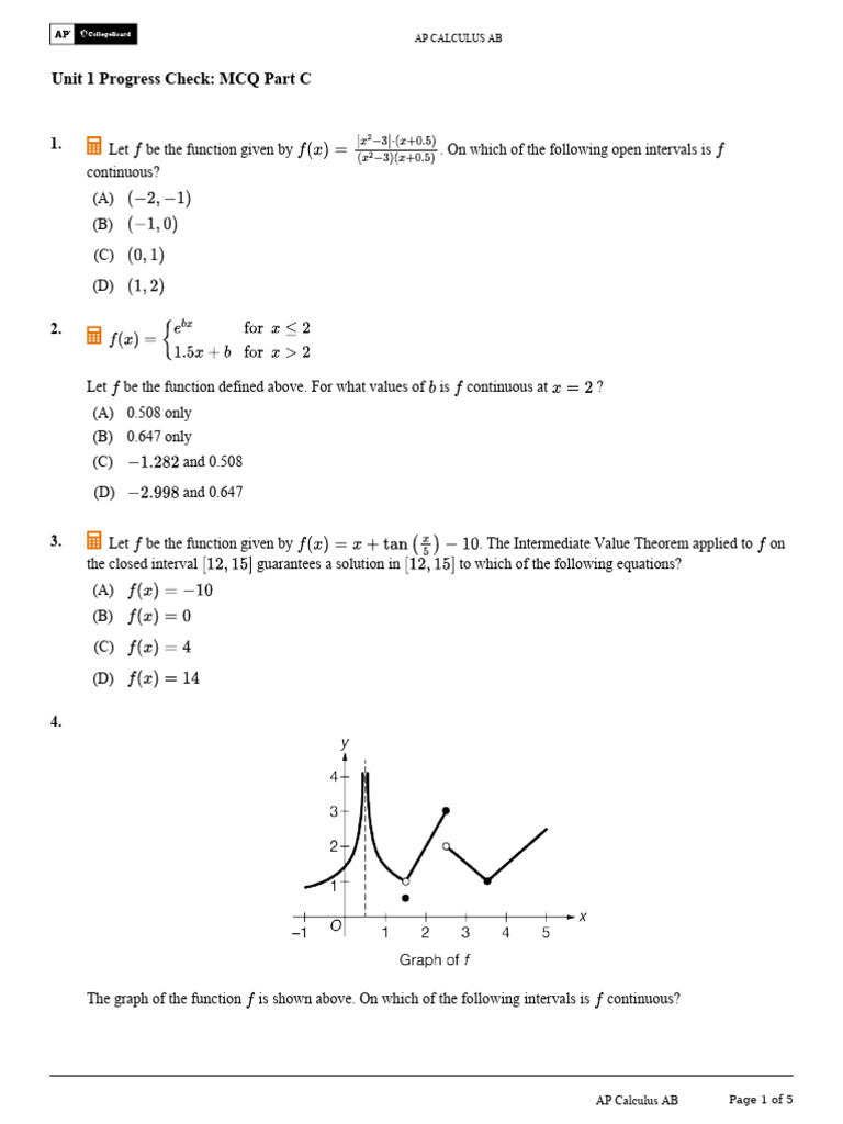AP Calculus AB Continuity Questions | PDF | Function (Mathematics ...