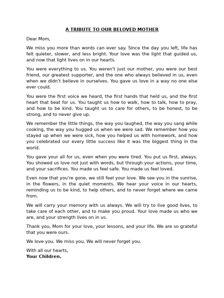 A Tribute To Our Beloved Mother | PDF