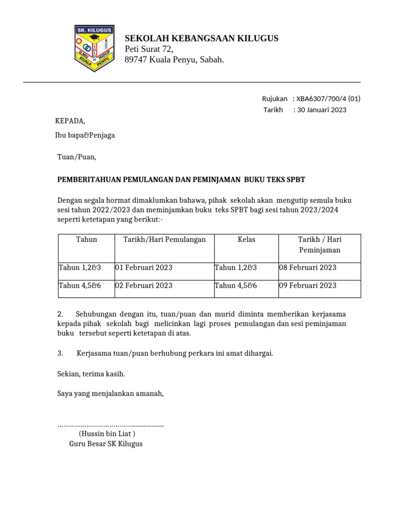 Contoh Surat Pemberitahuan Pemulangan Pinjam 2023 | PDF