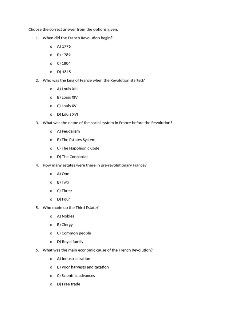 French Revolution Quiz | PDF | French Revolution | Reign Of Terror