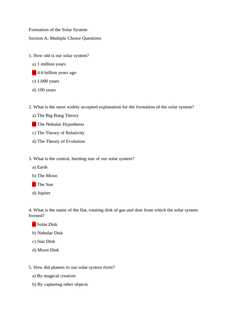 Questions On Formation of The Solar System | PDF | Planets | Formation ...