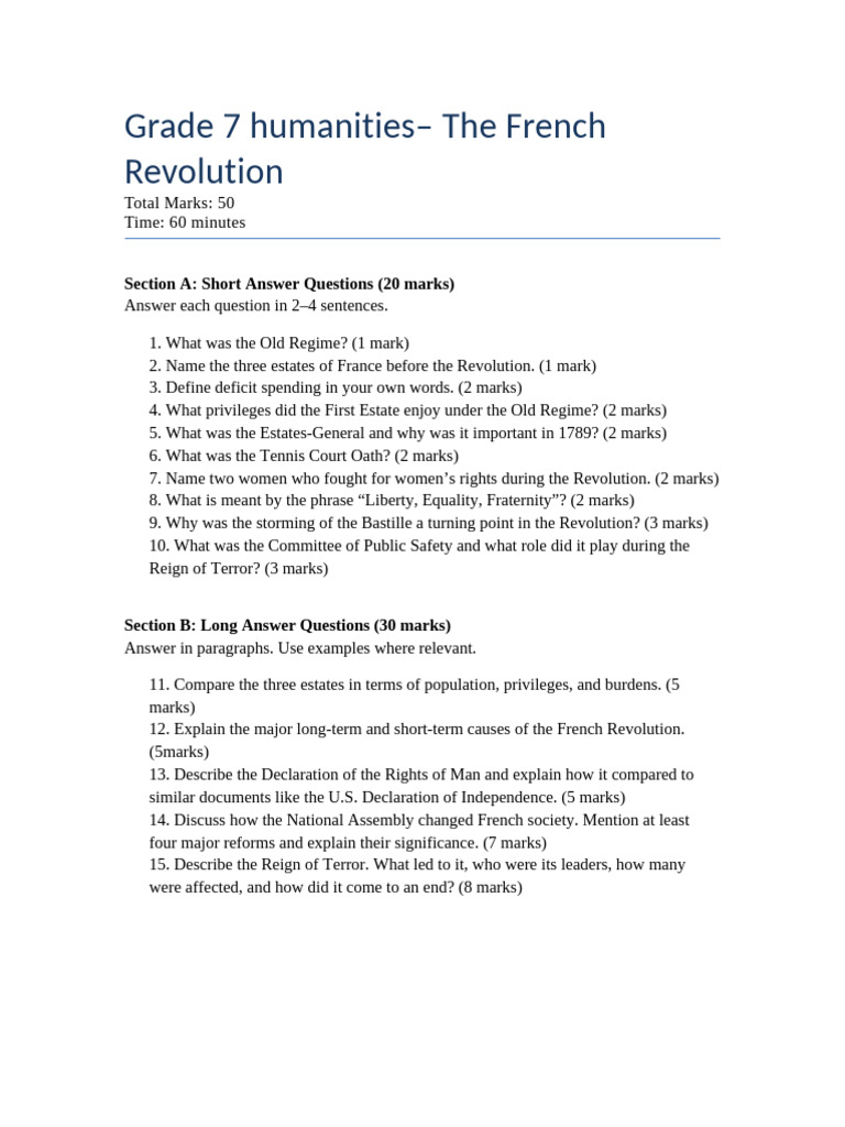 French - Revolution - Revision Paper | PDF | Reign Of Terror | French ...