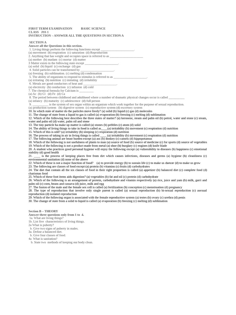 First Term Basic Science JSS1 | PDF | Foods | Reproduction