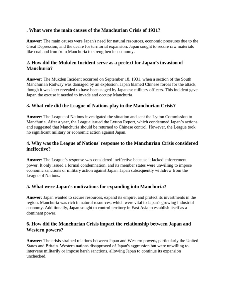 Year 10 History Questions | PDF | Manchuria | League Of Nations