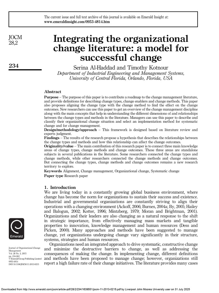 Integrating The Organizational Change Literature | PDF | Leadership ...