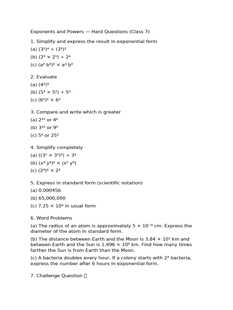 Hard Exponent Questions for Class 7 | PDF