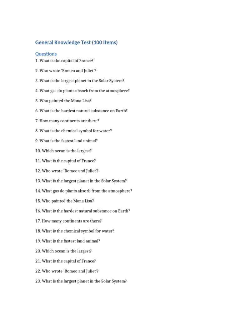 General Knowledge Quiz: 100 Questions | PDF | Earth | Atmosphere