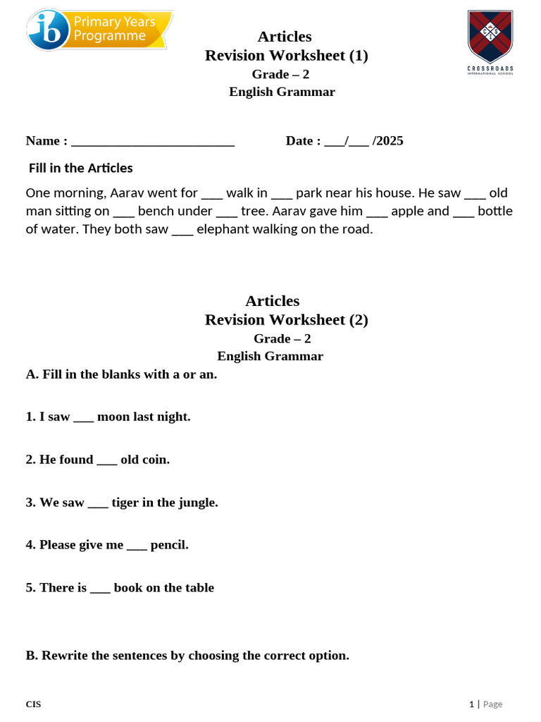 Articles Worksheet Grade 2 | PDF