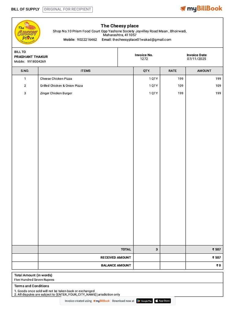 Invoice for The Cheesy Place Order | PDF