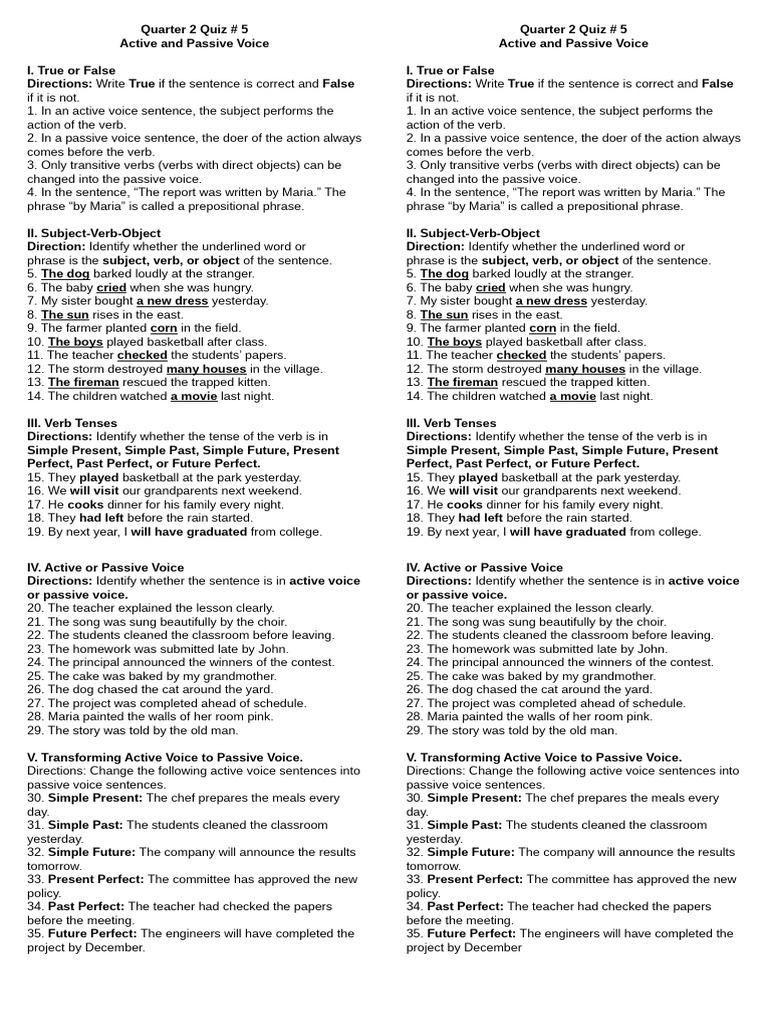 Quarter 2 Quiz # 5 - Active and Passive Voice | PDF | Verb | Subject ...