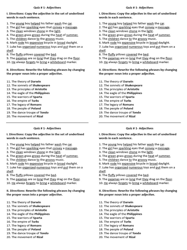 Quarter 2 Quiz # 1 - Adjectives | PDF | Adjective | Linguistic Morphology
