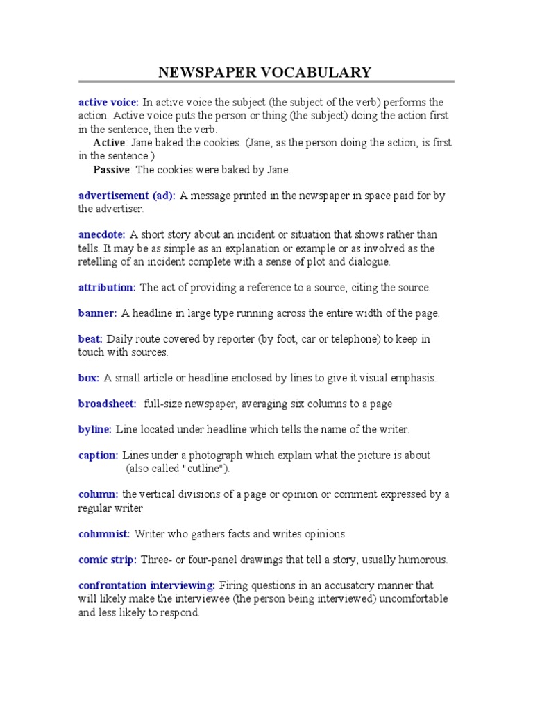Newspaper Vocabulary | PDF | News | Newspapers