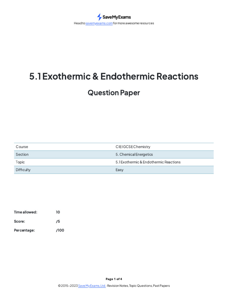 Exothermic & Endothermic Reactions Quiz | PDF | Chemical Reactions | Heat