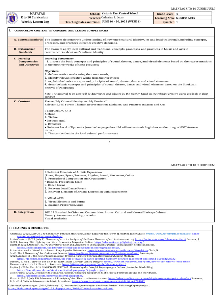K-10 Music & Arts Lesson Plan | PDF | Dances | Curriculum