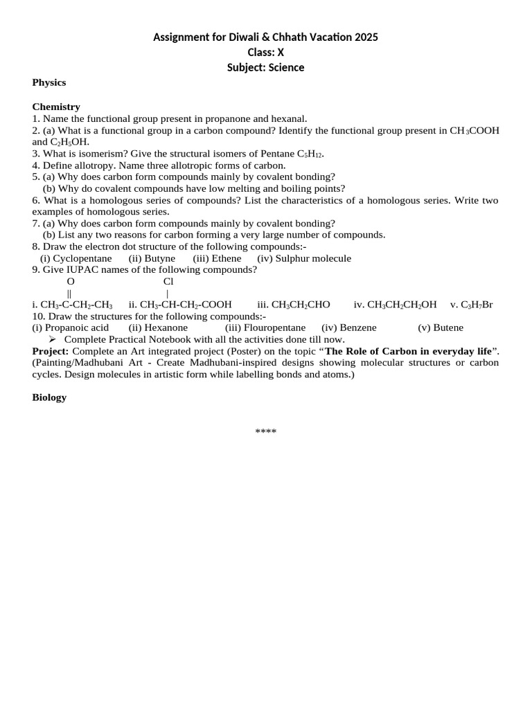 Assignment For Diwali & Chhath Vacation - X - Sc. | PDF