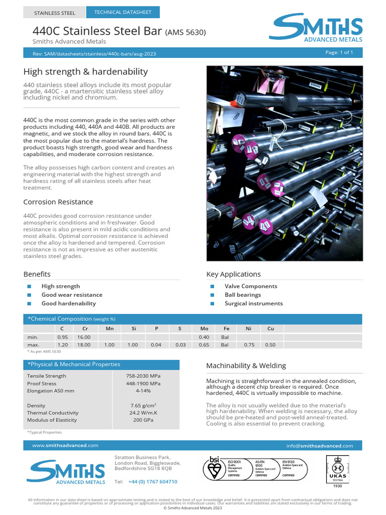 440C Stainless Steel Technical Datasheet | PDF | Stainless Steel | Steel