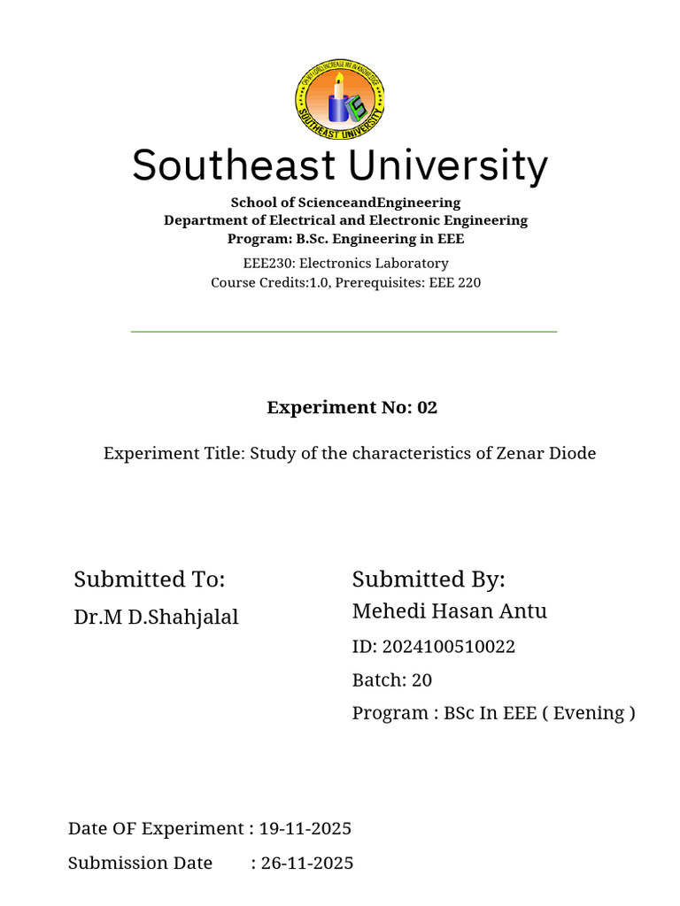 Experiment No 02 Forward & Reverse Bias Characteristics of Zener Diode ...