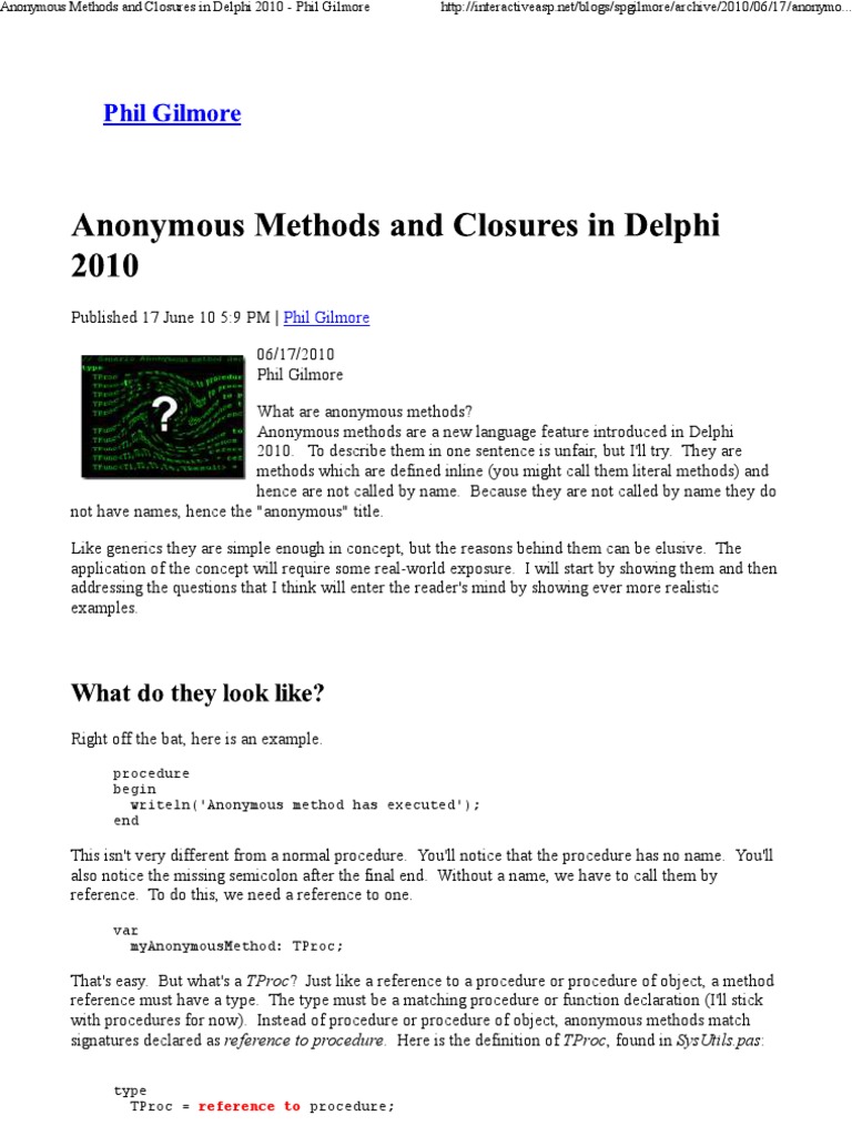 Anonymous Methods Closures Del Phi 2010 Pdf Anonymous Function Subroutine