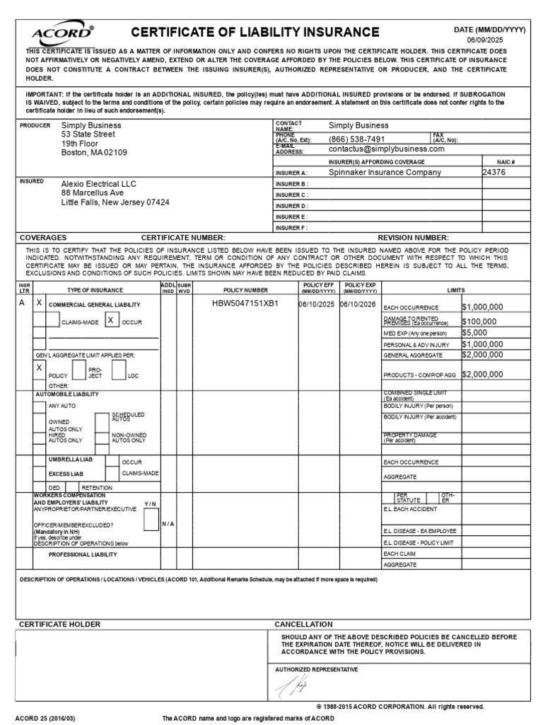 Certificate of Liability Insurance 2025 | PDF | Common Law | Business