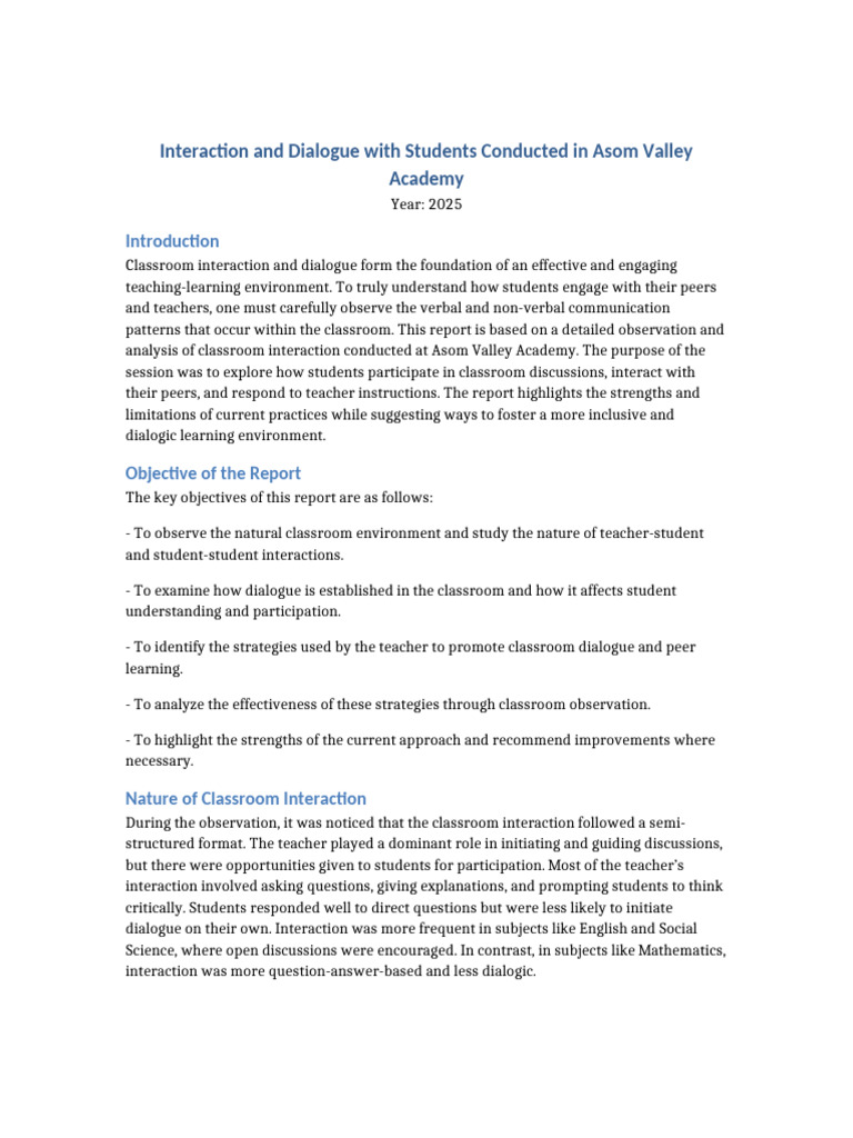Interaction and Dialogue Report | PDF | Teachers | Classroom