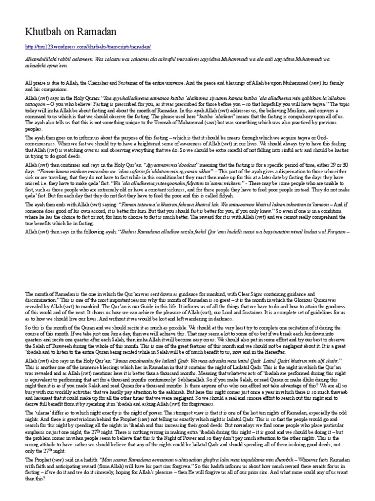 Khutbah On Ramadan | PDF | Fasting | Ramadan