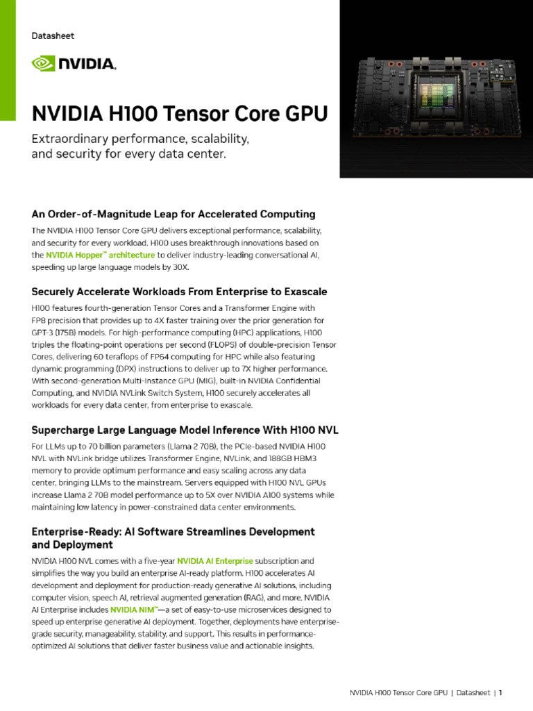 h100 Tensor Core Gpu - Nvidia | PDF