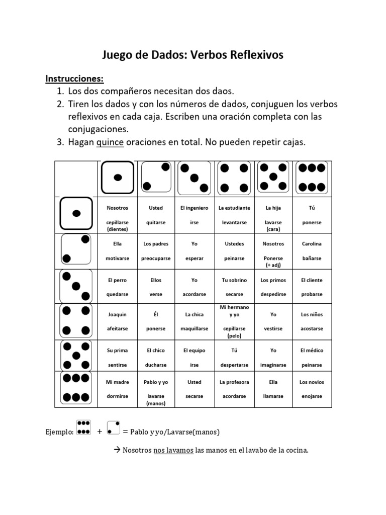 Juego de Dados con Verbos Reflexivos | PDF