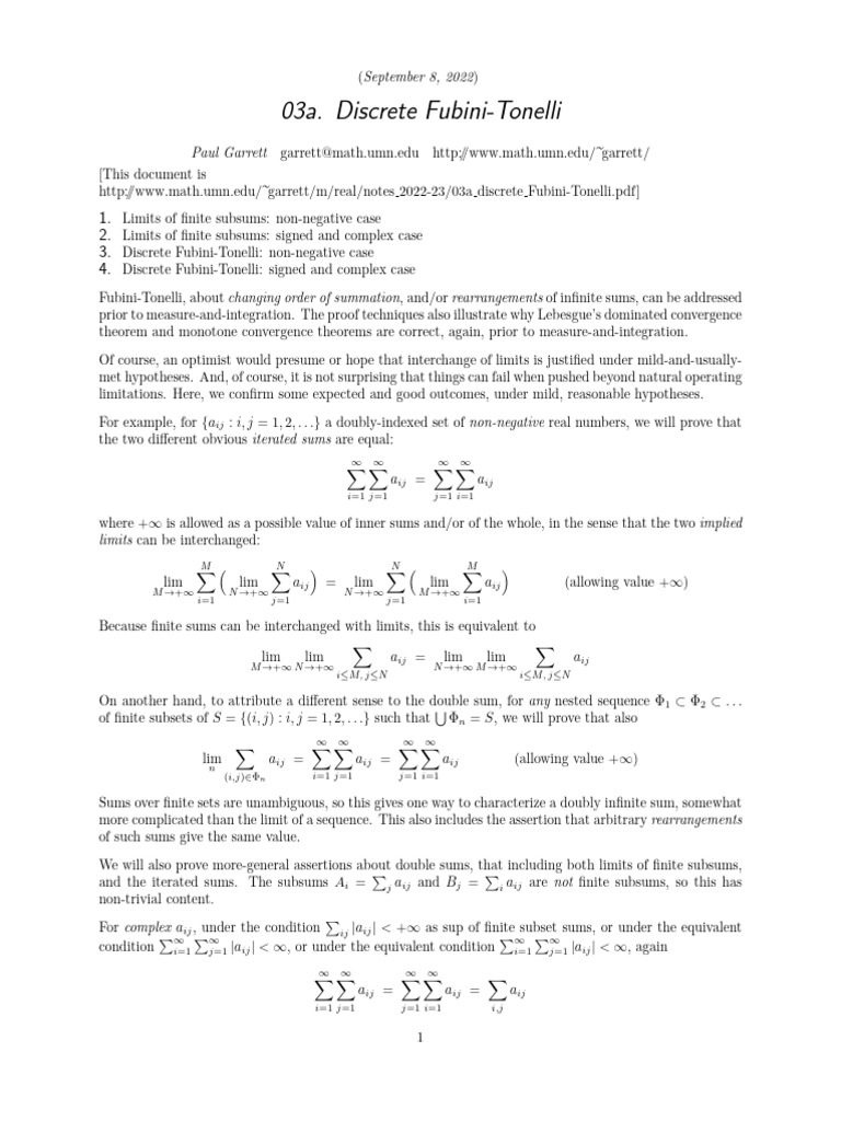 03a Discrete Fubini-Tonelli | PDF | Real Analysis | Mathematical Objects
