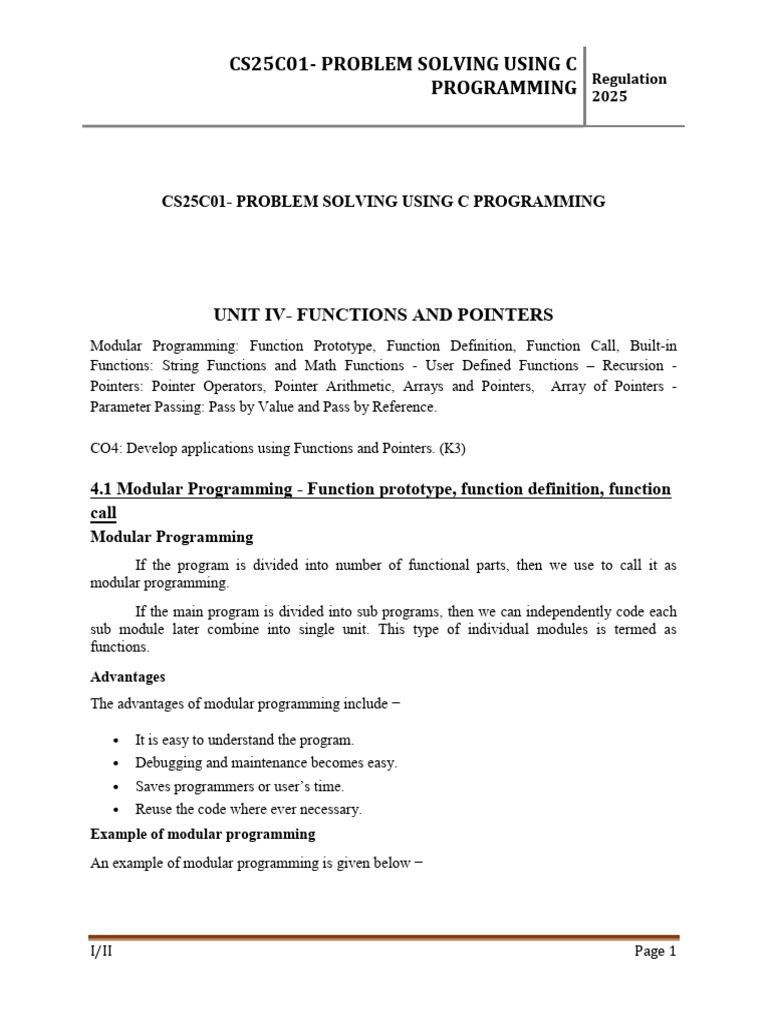 Unit - 4 | PDF | Parameter (Computer Programming) | Pointer (Computer ...