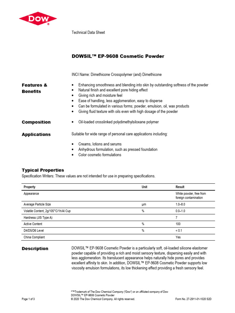 DOWSIL EP-9608 Cosmetic Powder Data Sheet | PDF | Cosmetics | Chemical ...