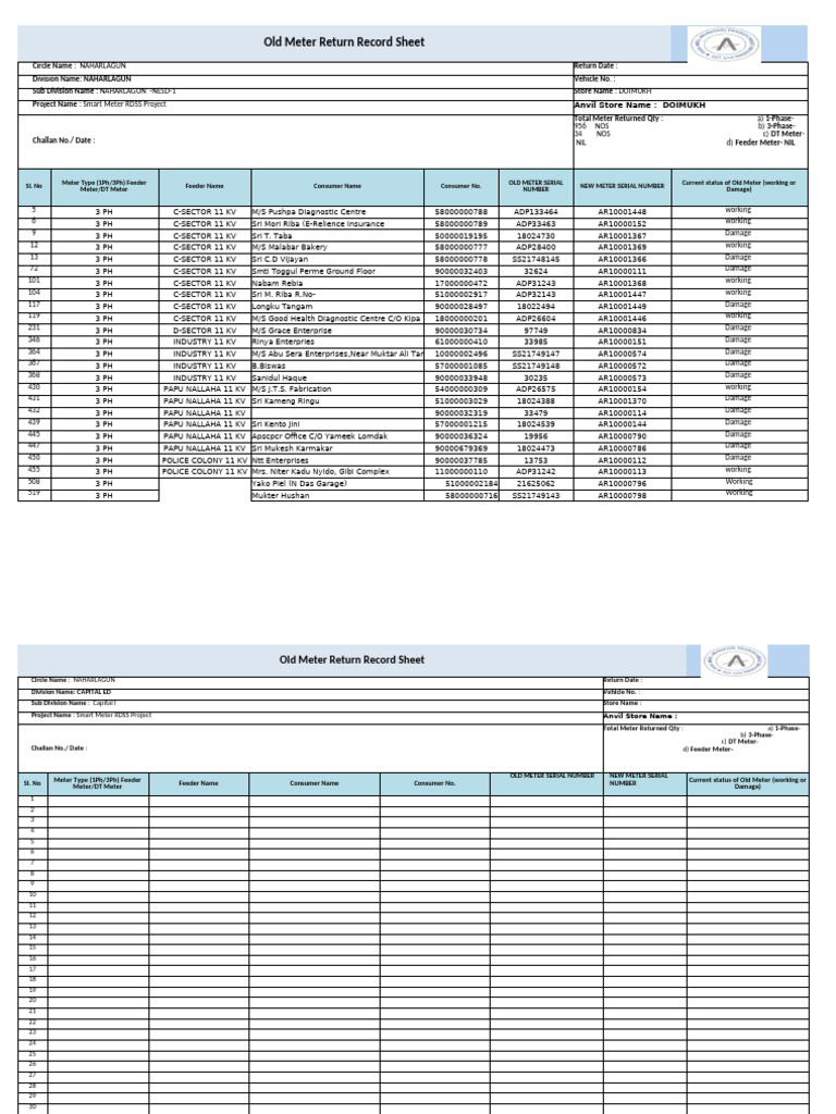Old Meter Return Record Sheet | PDF