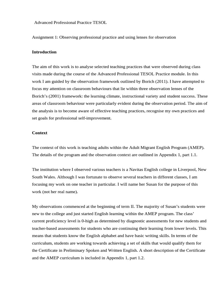 TESOL Observation Analysis for Adult Learners | PDF | English As A ...
