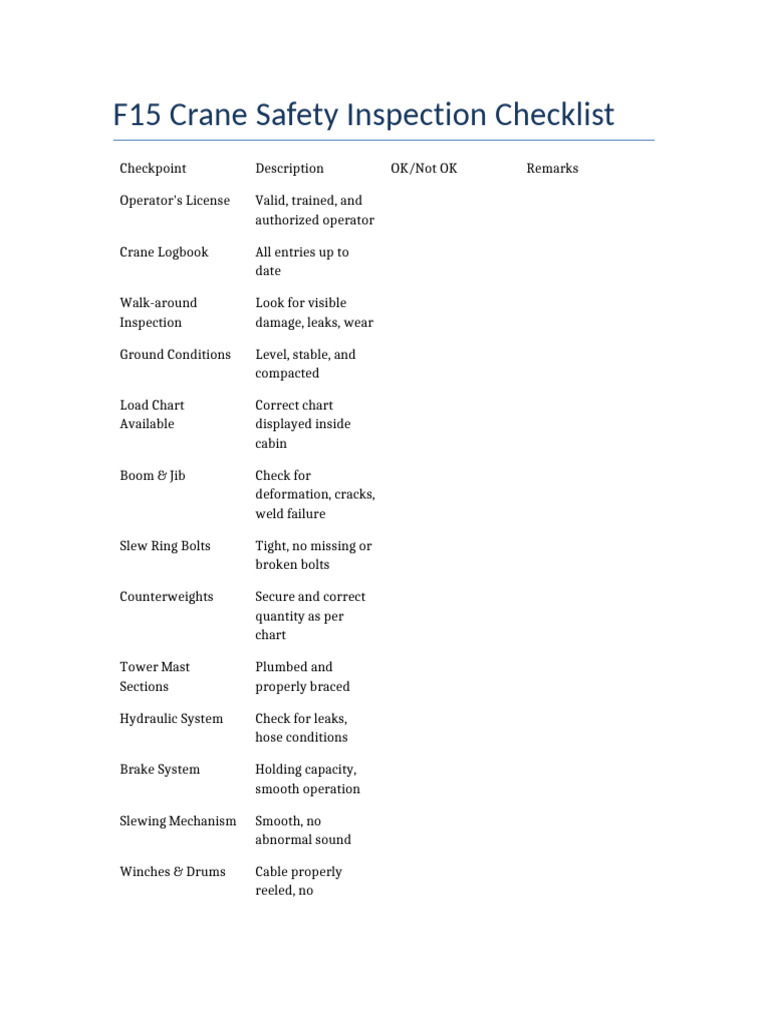 F15 Crane Safety Inspection Checklist | PDF | Crane (Machine ...