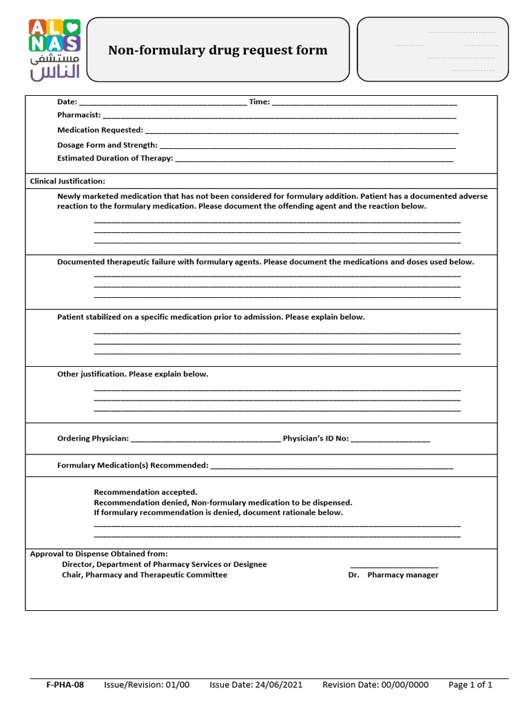 F-PHA-08 Non-Formulary Drug Request Form | PDF | Pharmacy | Dose ...