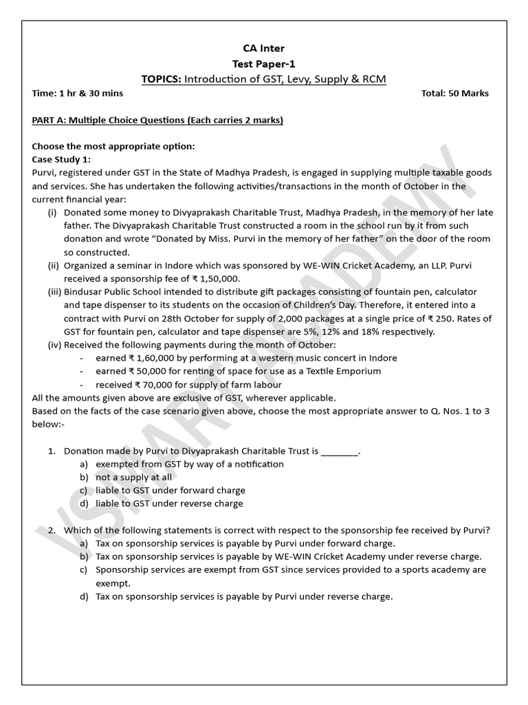 GST Test Paper for CA Inter Students | PDF | Value Added Tax | Taxes