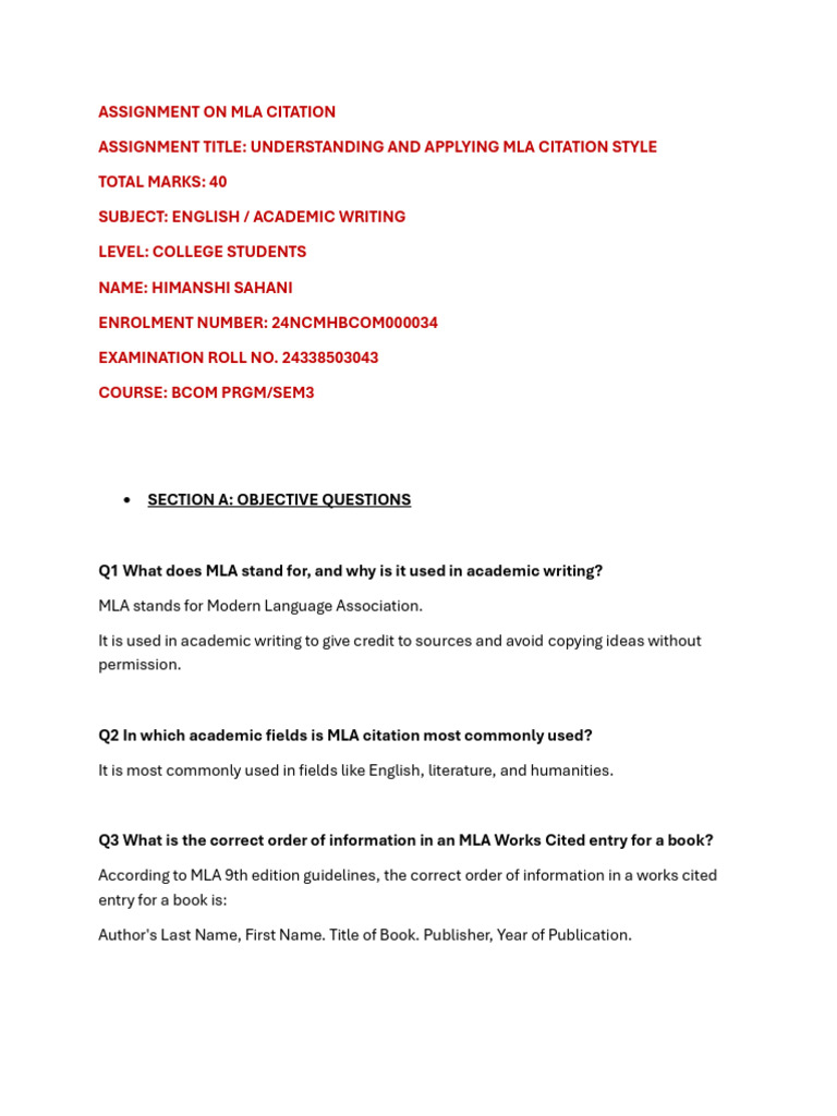 Mla Citation | PDF | Citation | Publishing