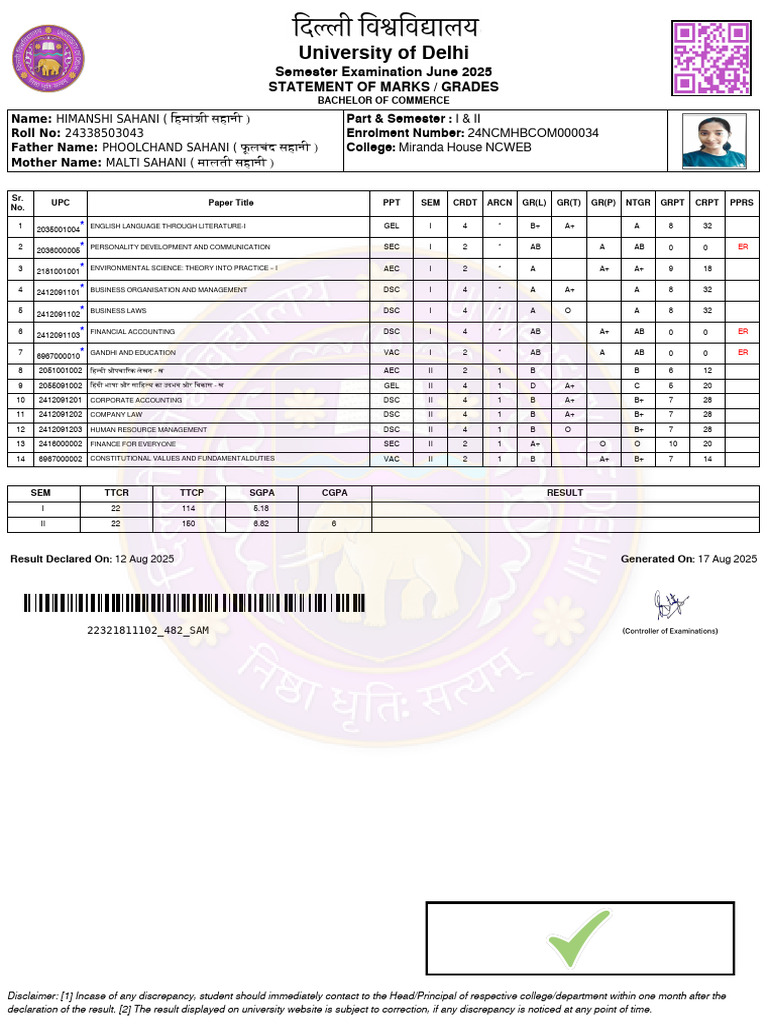 University of Delhi: Semester Examination June 2025 Statement of Marks ...