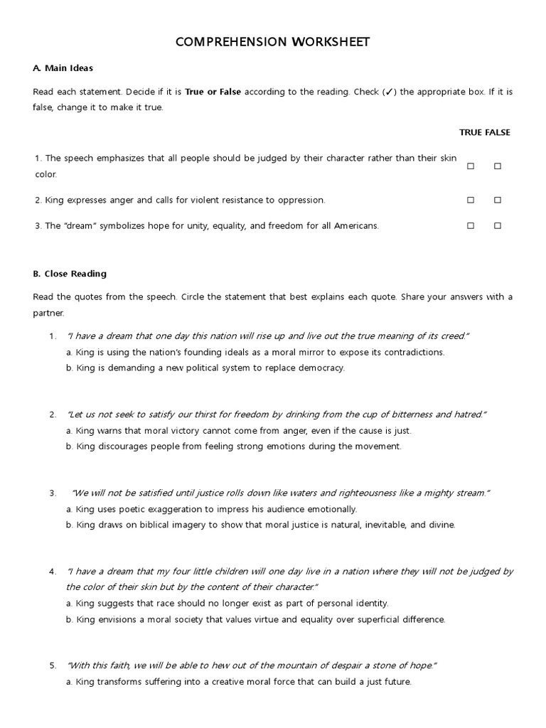 I Have A Dream - Comprehension Worksheet | PDF | Anger | Justice