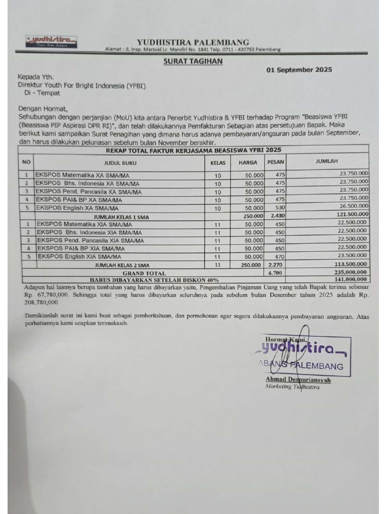 Surat Tagihan Yudhistira Ke PII | PDF